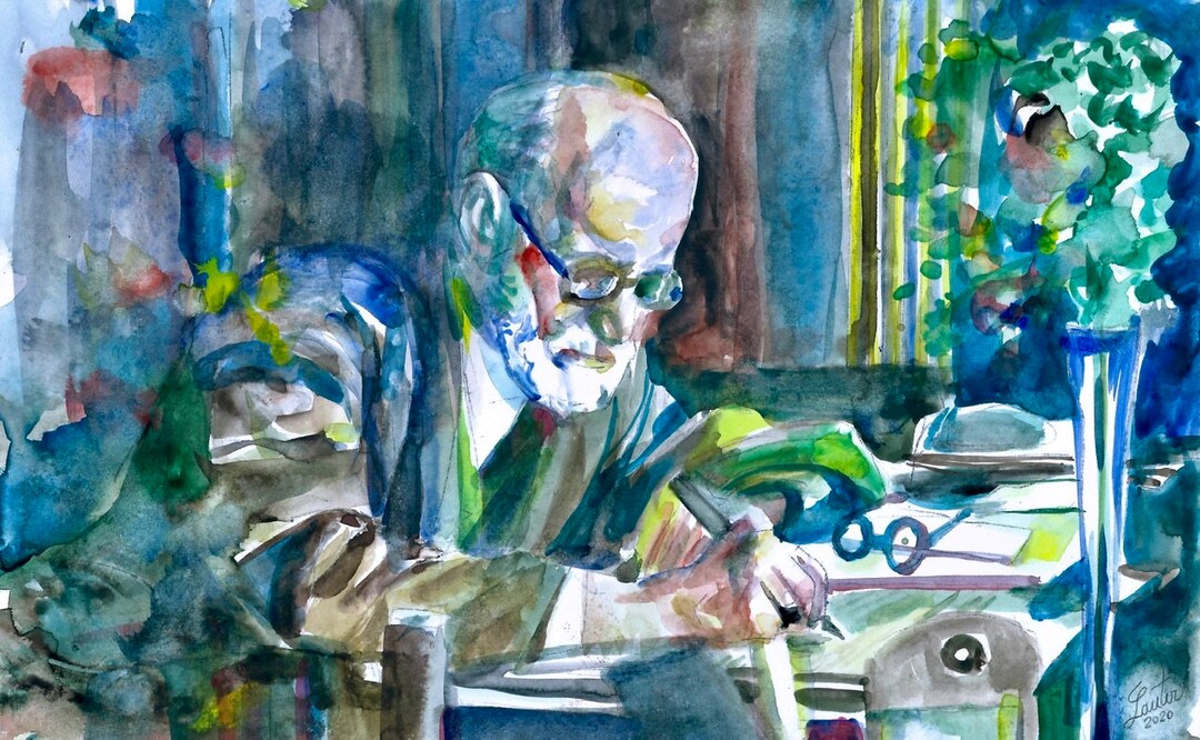 SIGMUND FREUD Writing Watercolor Portrait POSTER Various Sizes Art ...