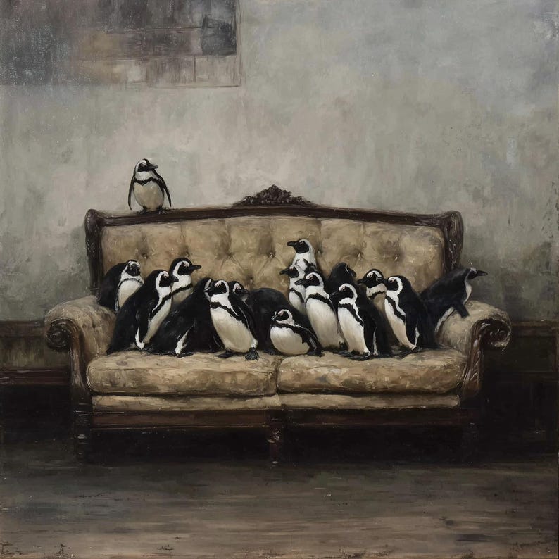 Penguins on Vintage Sofa Art Print, Whimsical Animal Poster - Etsy
