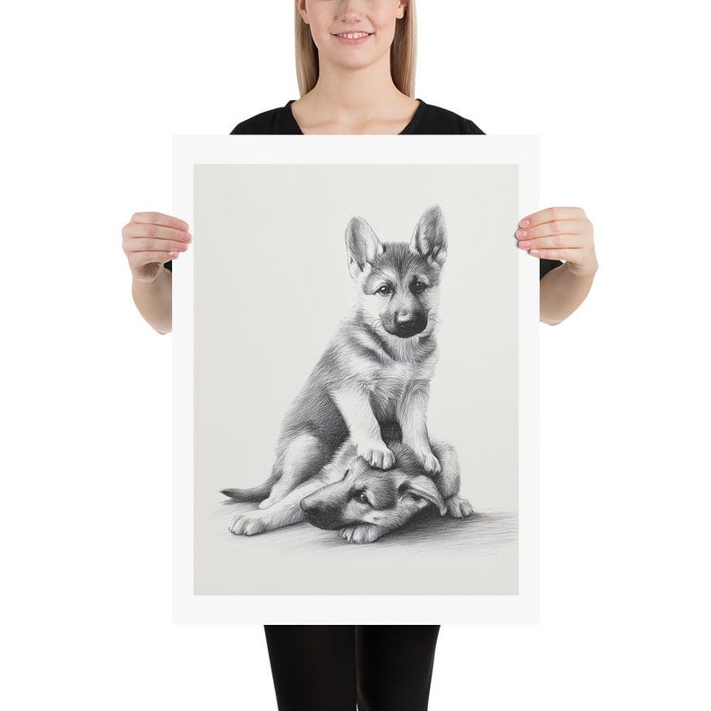 Playful German Shepherd Puppies Sketch, Dog Painting Wall Art Decor ...