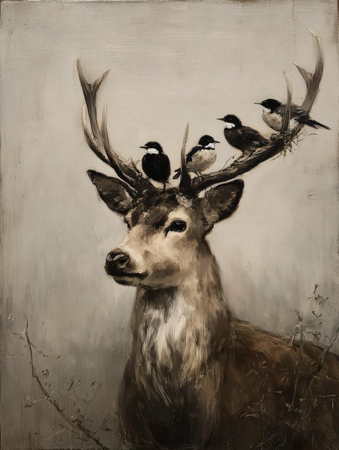 Stag With Birds on Antlers Poster, Muted Wildlife Art - Etsy