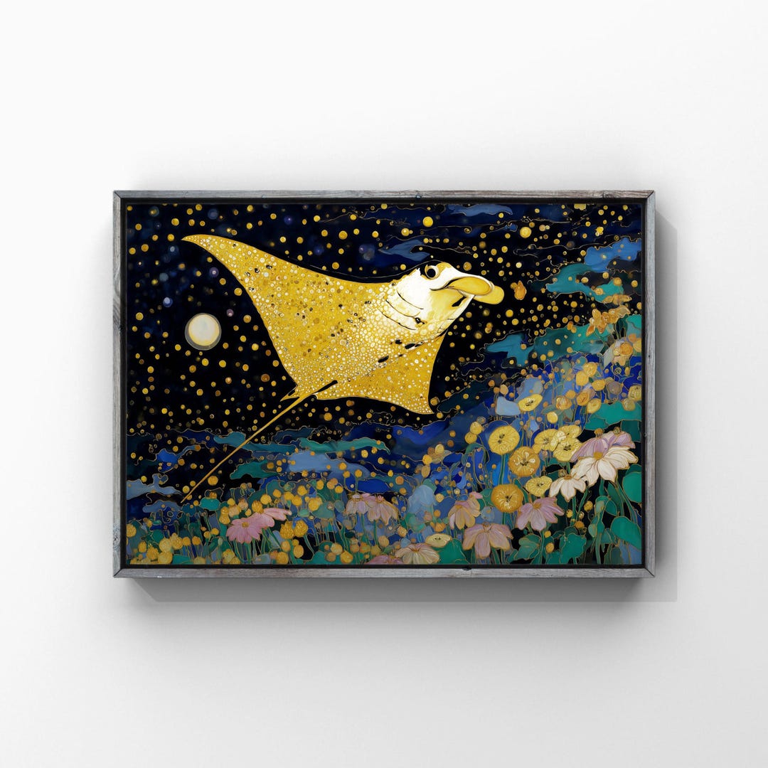 Manta Ray Seascape Print – Dreamlike Starry Sky, Floral Field (digital ...