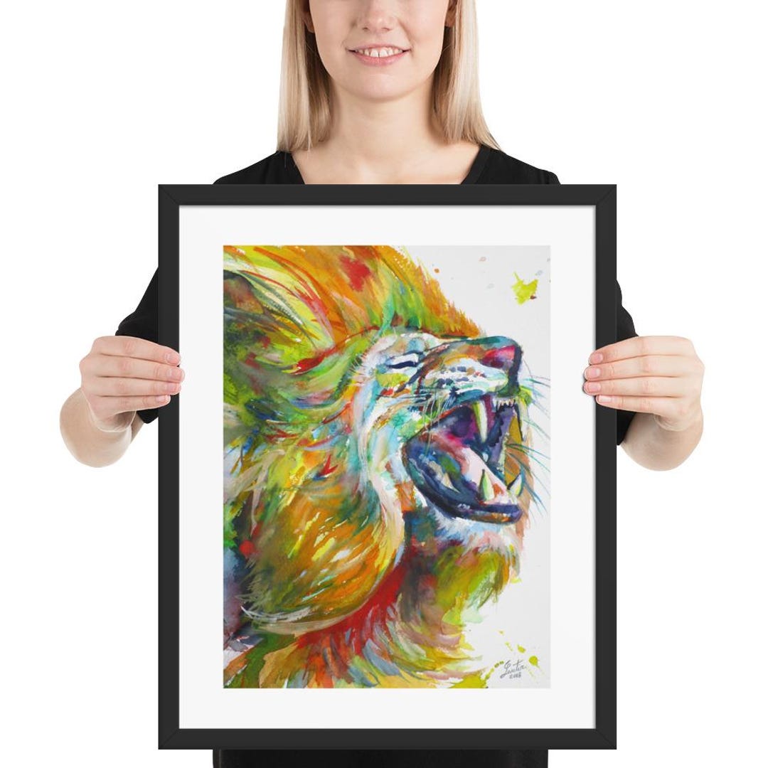 LION ROARING - Watercolor Painting - Framed POSTER -various Sizes! Art ...
