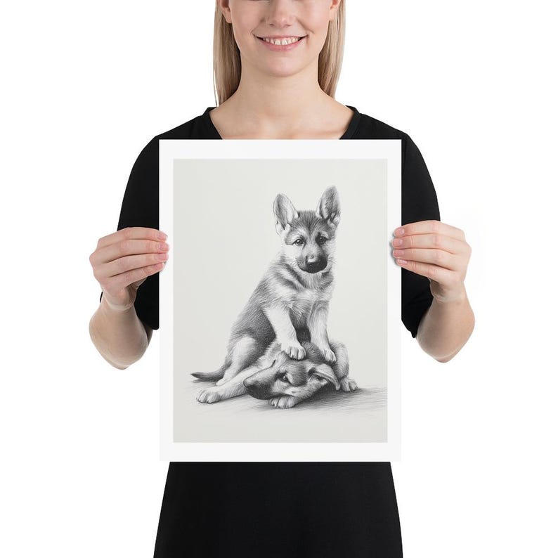 Playful German Shepherd Puppies Sketch, Dog Painting Wall Art Decor ...