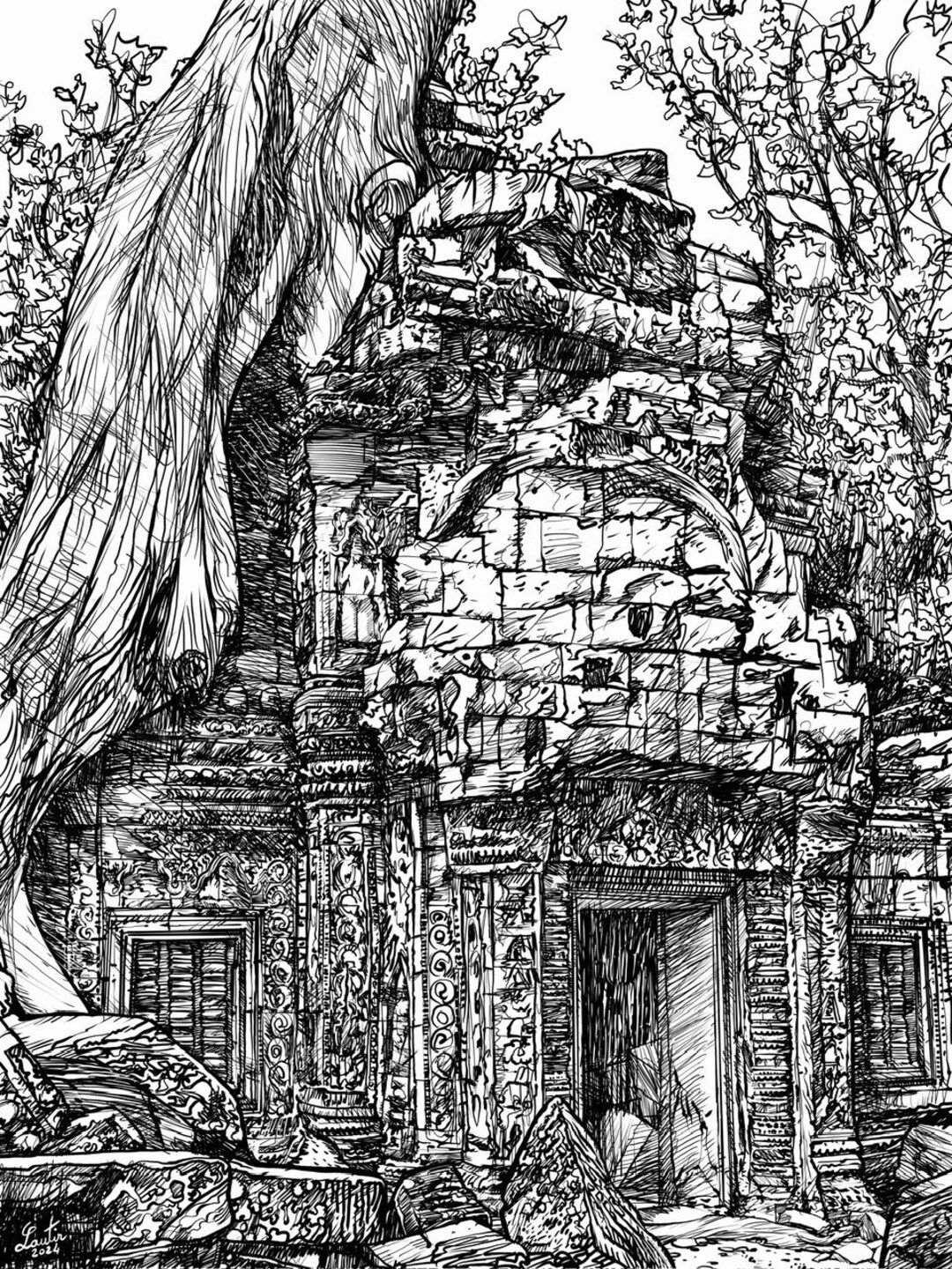 Printable ANGKOR WAT Ink Drawing Digital Download Scalable up to ...