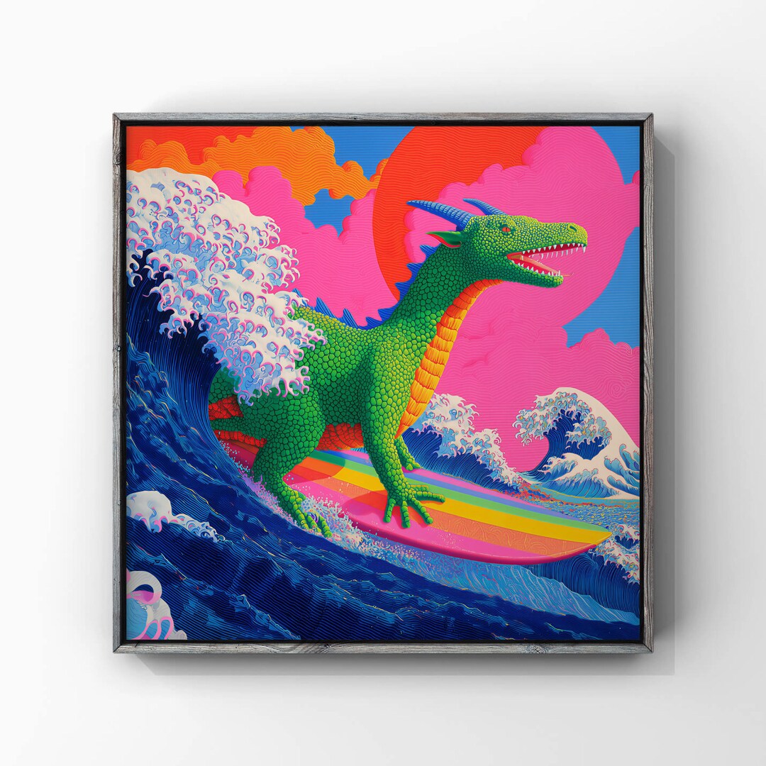 Surfing Dragon Art Print – Fantasy Sea Wave Illustration (digital ...