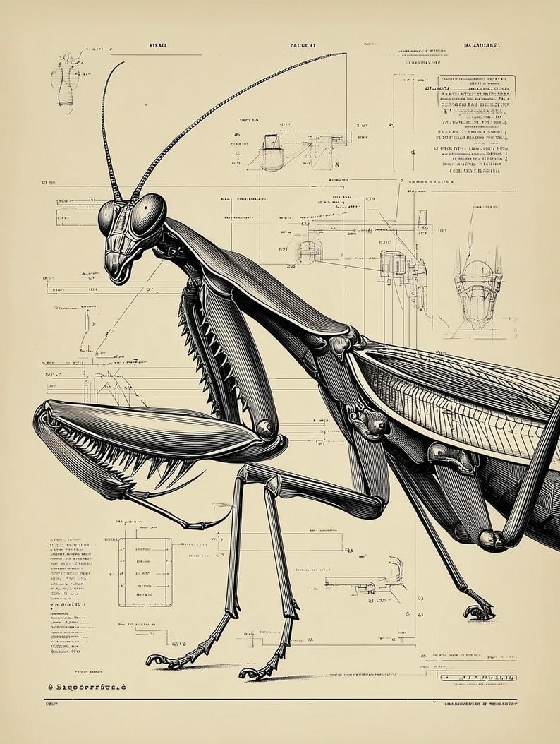 Praying Mantis Blueprint Print | Insect Wall Art (digital Download) - Etsy