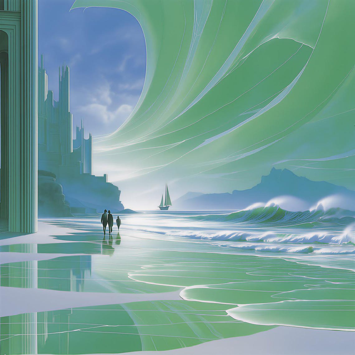 Serene Beach With Figures Walking , Poster Print, Posters, Wall Art ...