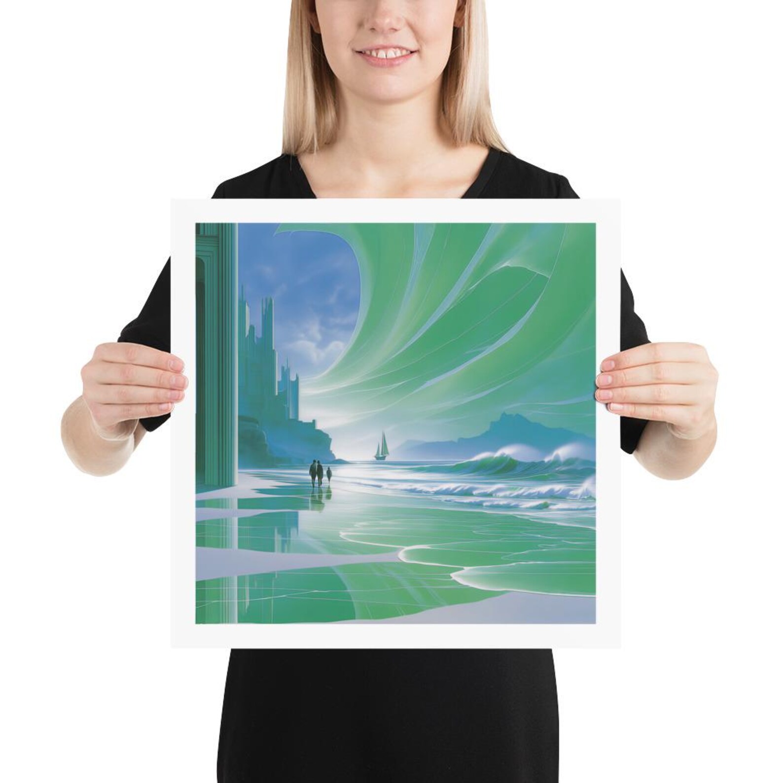 Serene Beach With Figures Walking , Poster Print, Posters, Wall Art ...