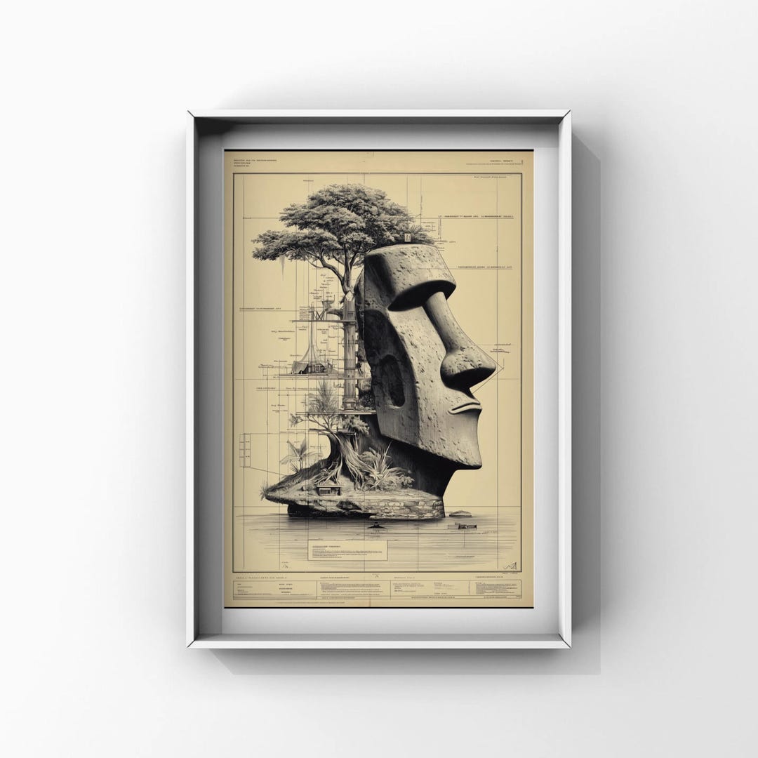 Moai Head Architectural Drawing, Fantasy Island Statue (digital ...