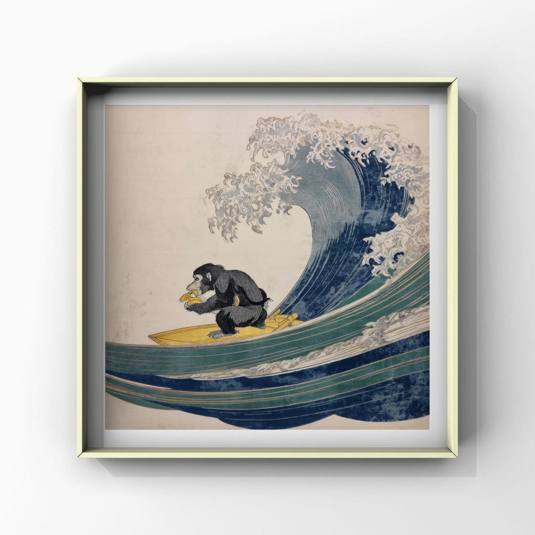 Surfing Monkey Banana Wave Art Print – Whimsical Seascape (digital ...