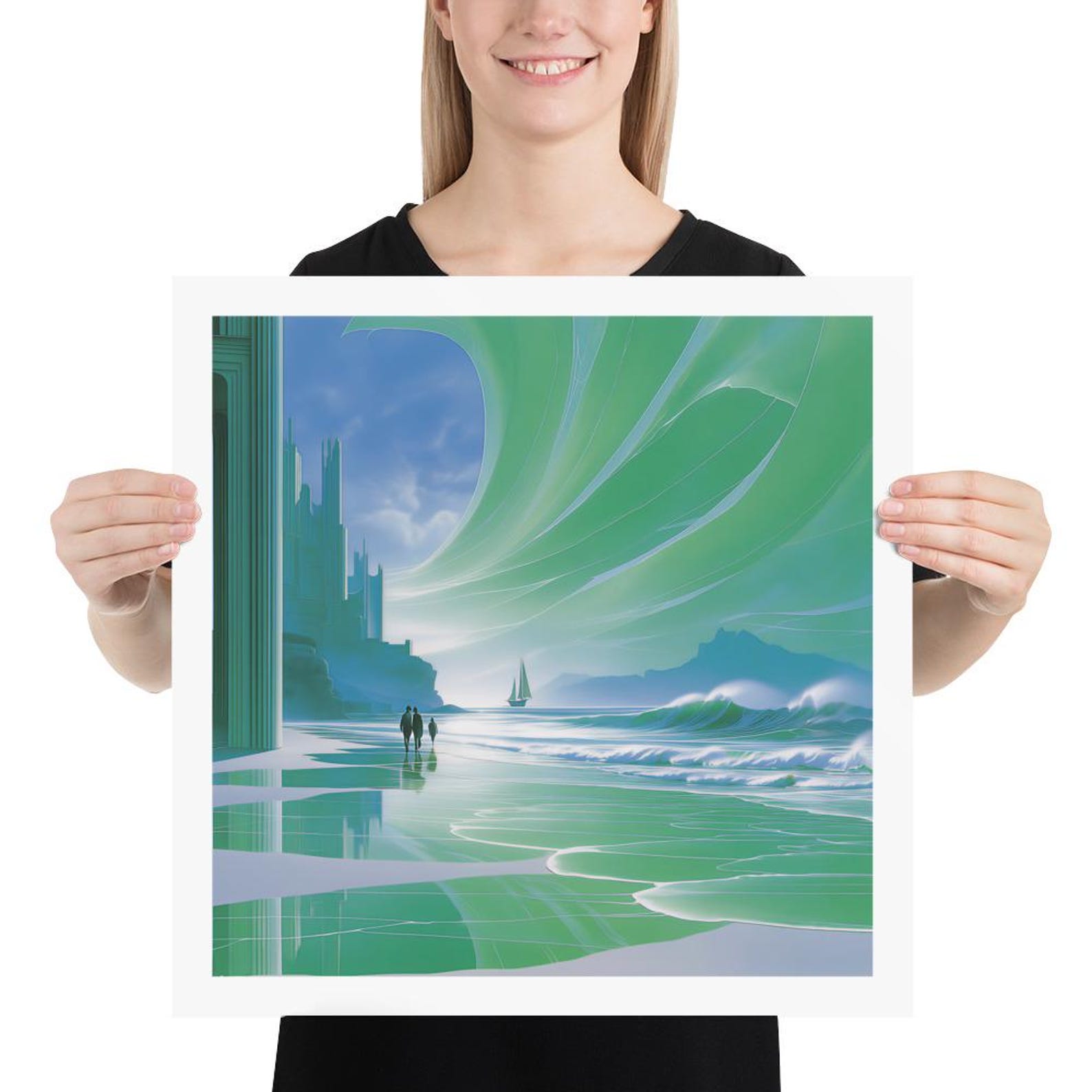 Serene Beach With Figures Walking , Poster Print, Posters, Wall Art ...