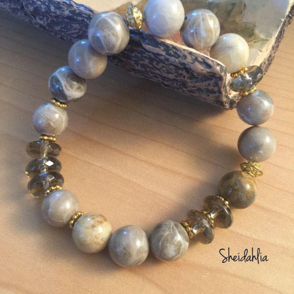 Beaded Bracelet-coral Fossils Sand Color Bracelet, Smoky Quartz ...