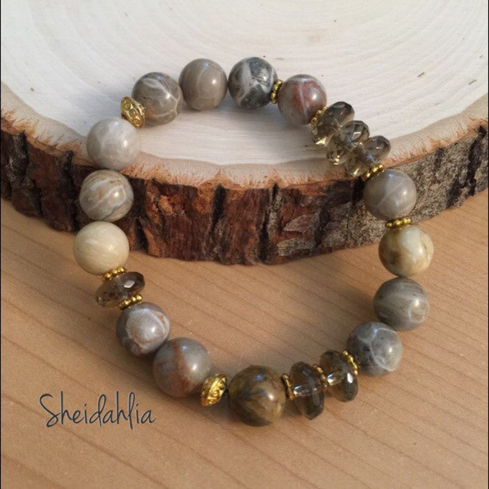 Beaded Bracelet-coral Fossils Sand Color Bracelet, Smoky Quartz ...