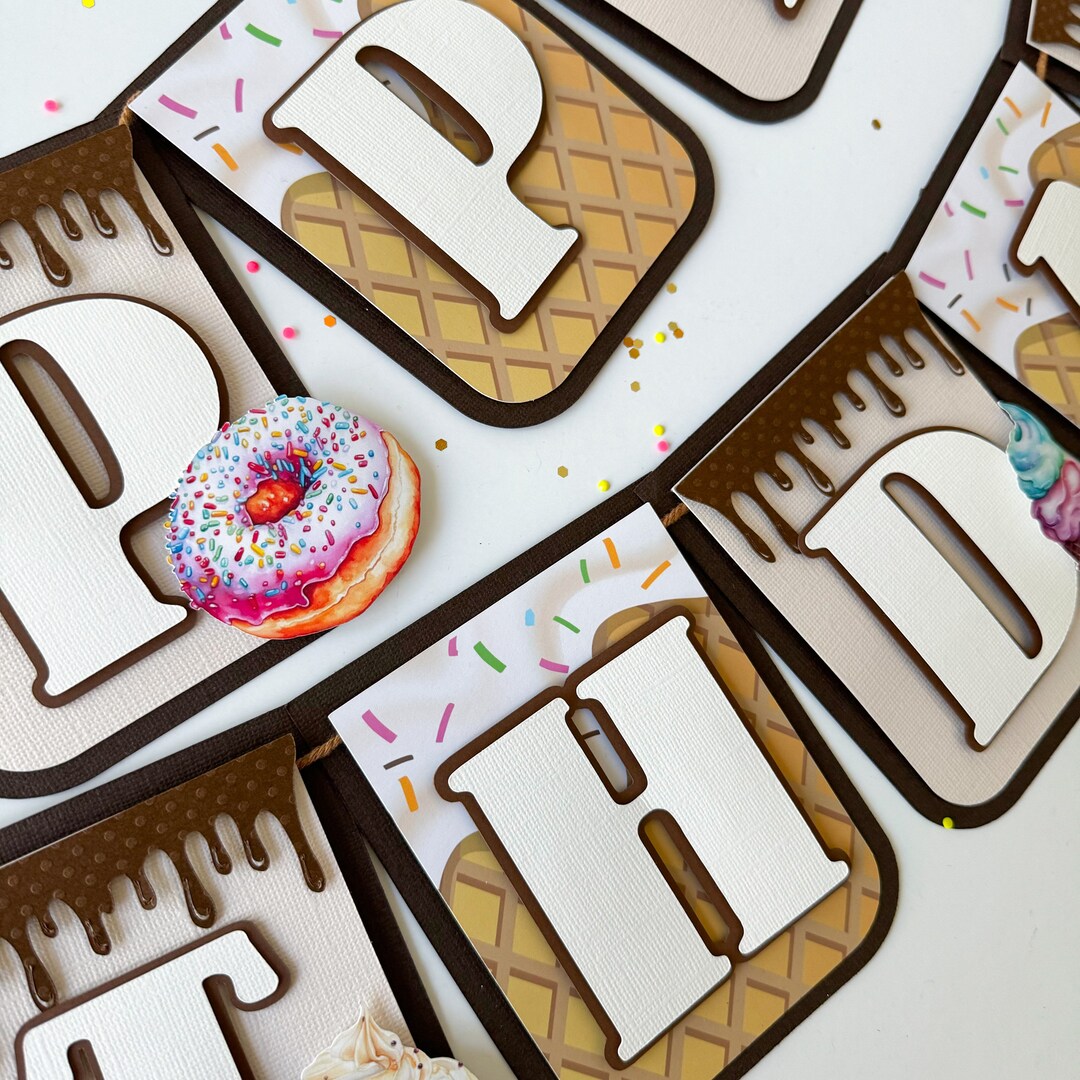 Sweets and Candy Happy Birthday Banner, Donuts and Ice Creams Party ...
