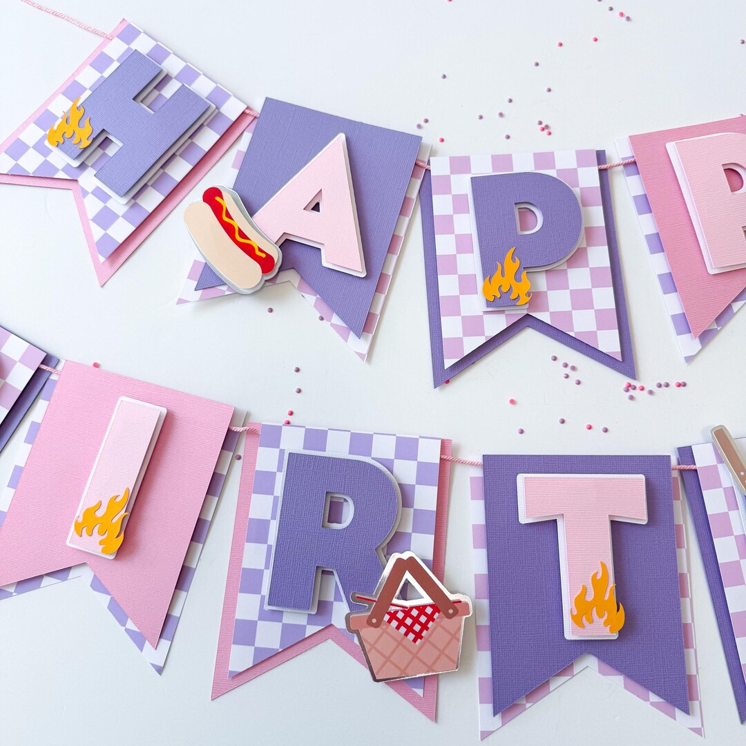 BBQ Happy Birthday Banner Pastel Colors Barbecue Grill Theme Party ...