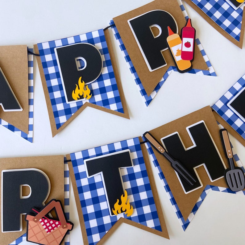 BBQ Happy Birthday Banner, Barbecue Grill Party Decorations, Backyard ...