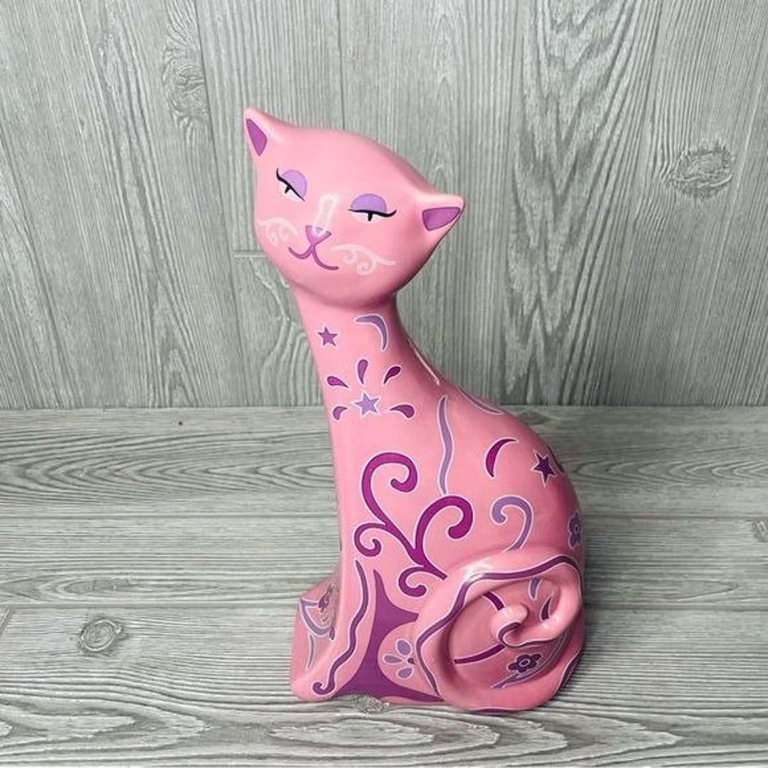Vintage Bombay Pink & Purple Ceramic Sitting Cat Figure Piggy Bank ...