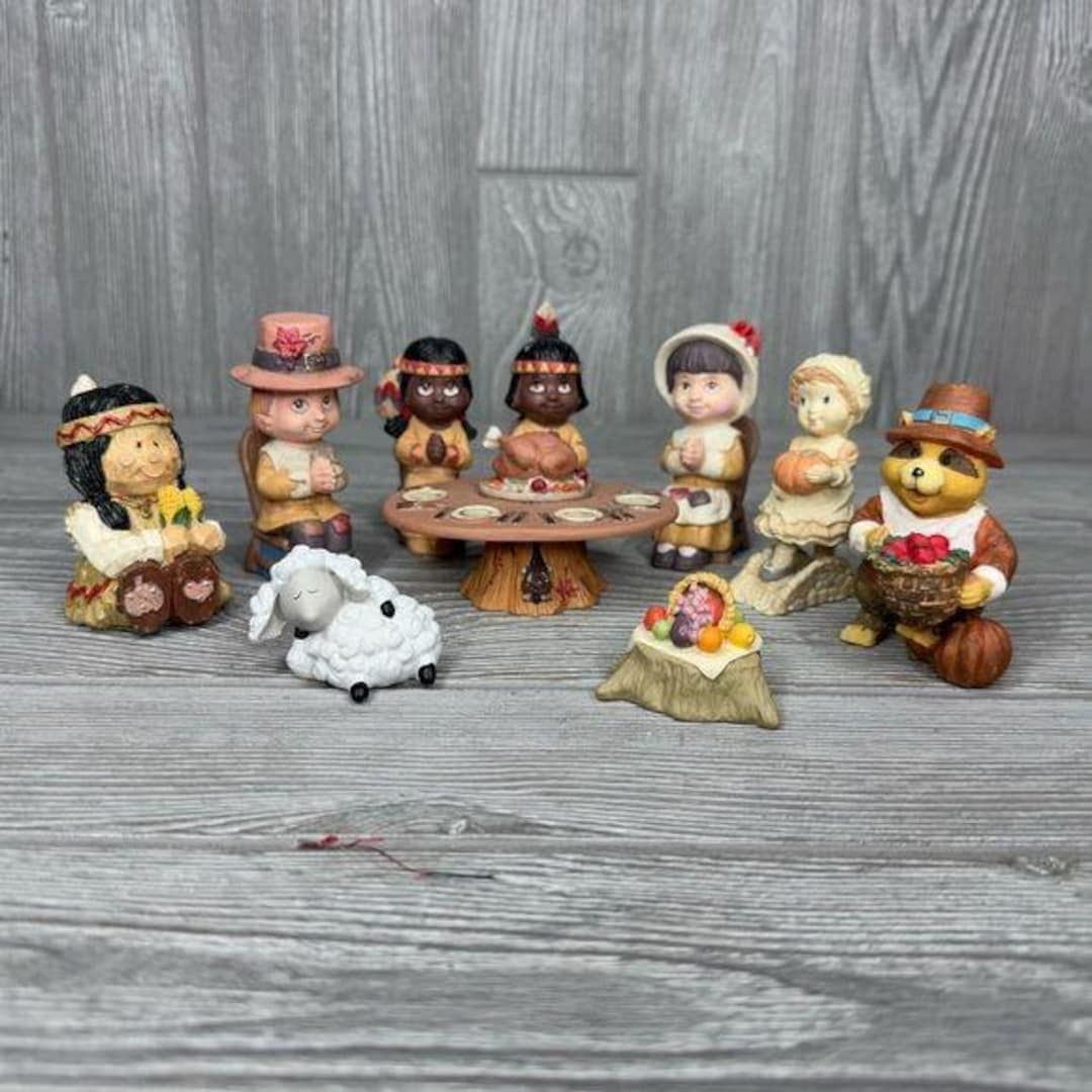 Vintage First Thanksgiving Figurines Miniatures Pilgrims Animals Dinner ...