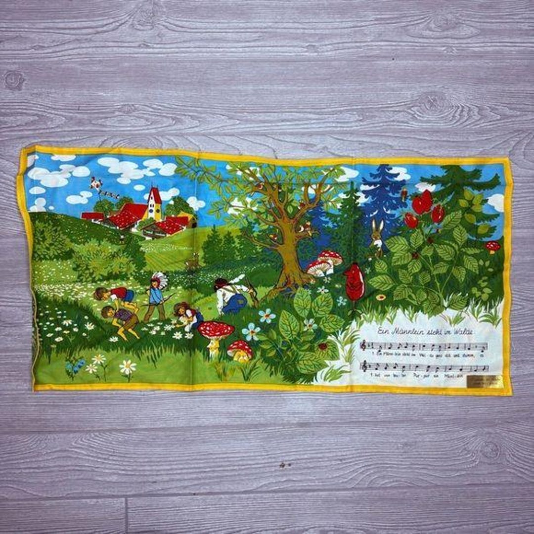 Vintage Fabric Piece Retro Kids Playing Music Lyrics German Table ...