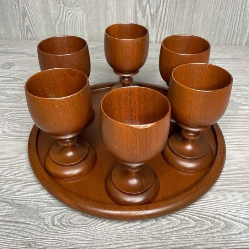 Mid Century Modern Rosario Woodturning Goblet Cups and Serving Tray ...
