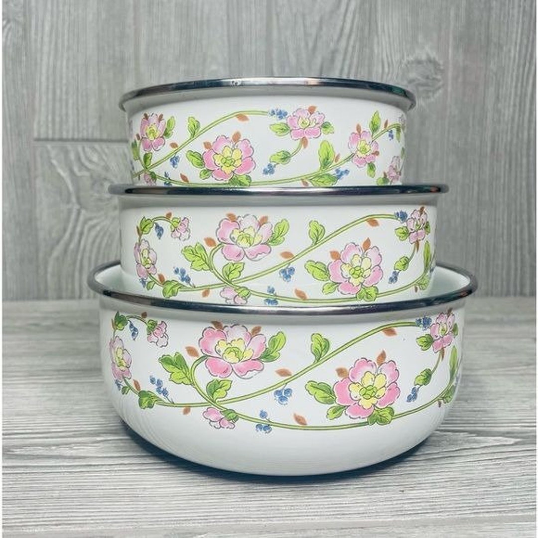 Vintage Kobe Kitchen Enamel Mixing Nesting Bowls Blueberries Pattern No ...