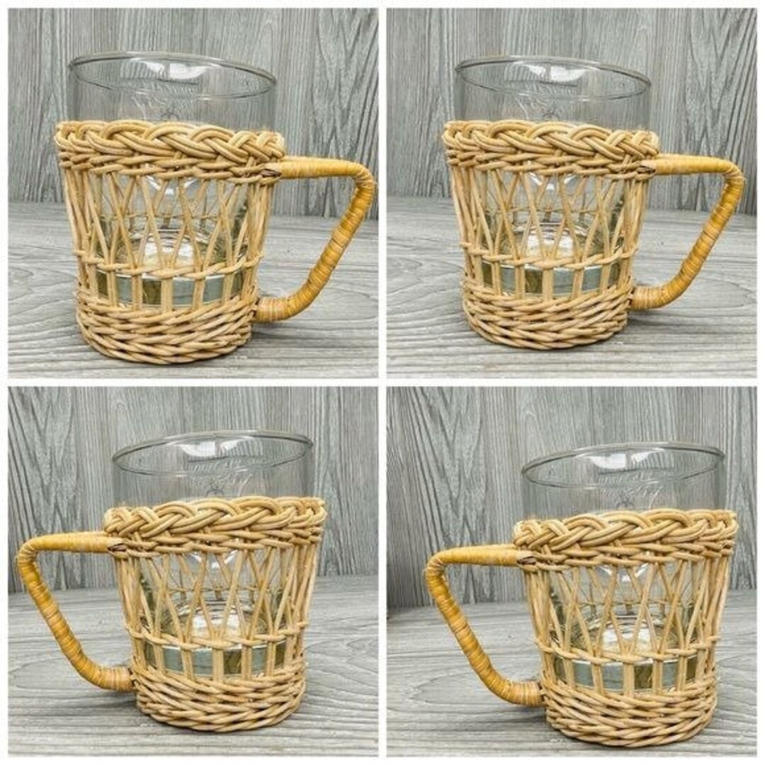 Vintage Collection Cups & 4 Wicker Rattan Boho Cup Holders With Handles ...