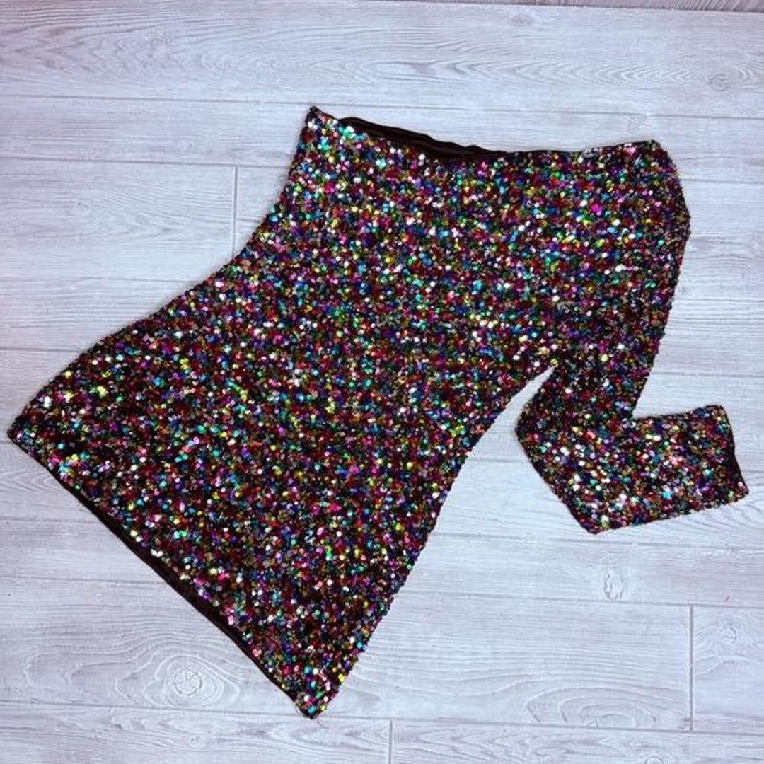 Vintage Sequin One Arm Long Sleeve Midi Rainbow Sparkle Evening Dress ...