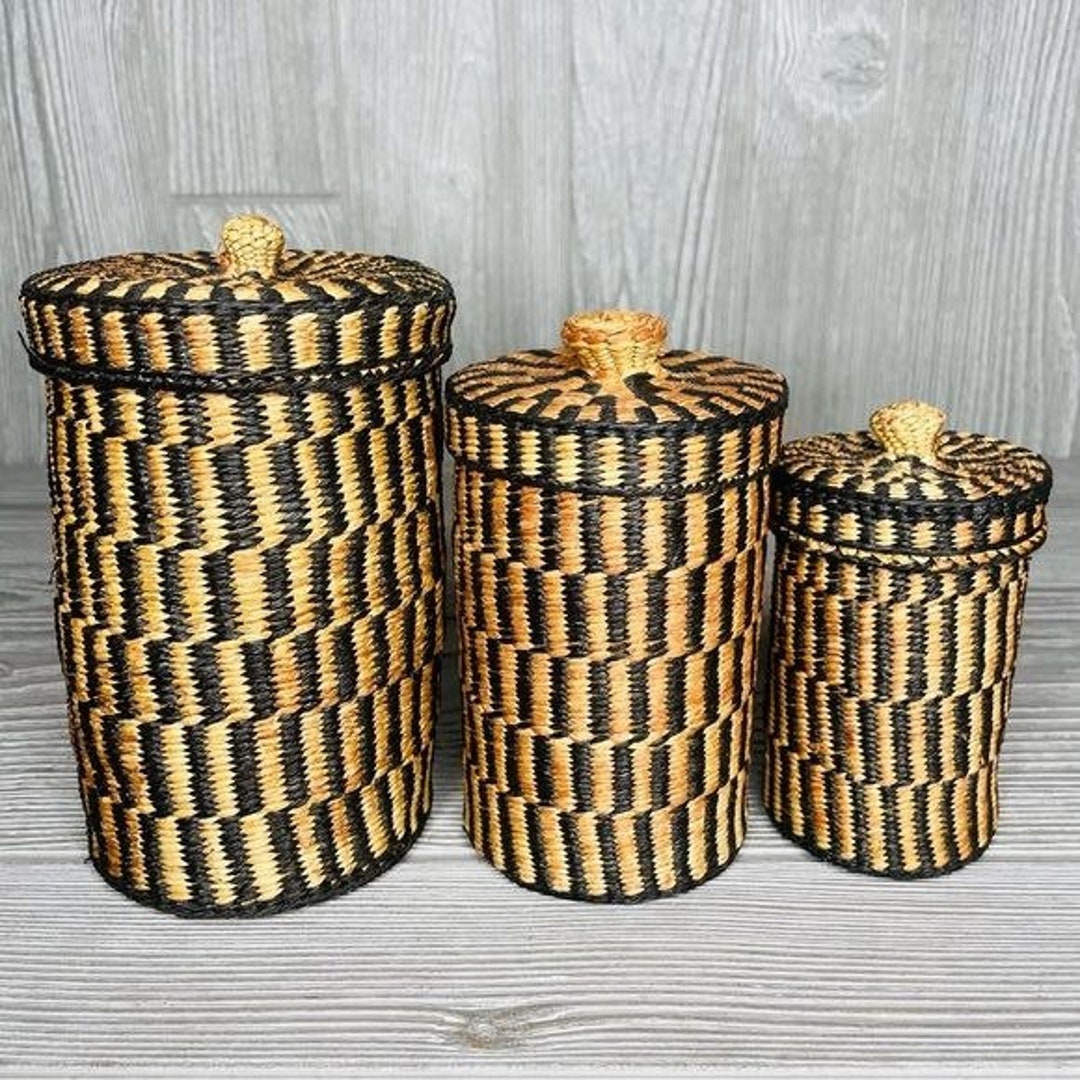 3 Woven Nesting Baskets Decoration Canisters With Lids - Etsy