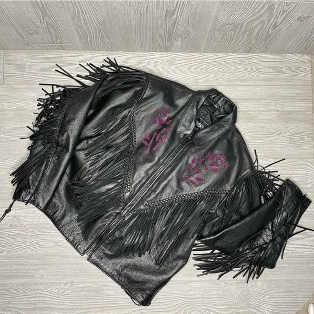 Unik Vintage Black Leather Purple Rose Cut Out Jacket Full Zip With ...