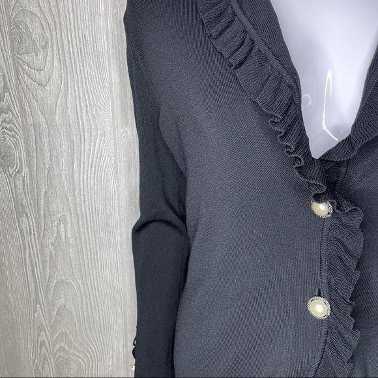 Vintage Vertigo Paris Ruffle Button Front Cardigan Sweater Black Button ...