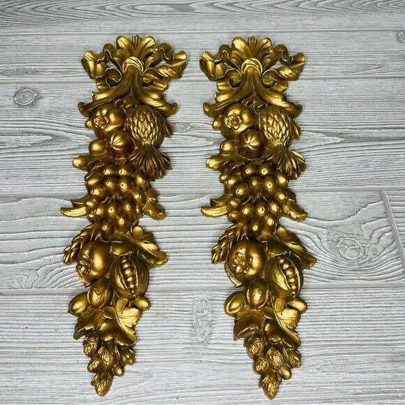 Vintage Mcm Syroco Wood Gold Painted Ornate Wood Bow and Fruit Wall ...