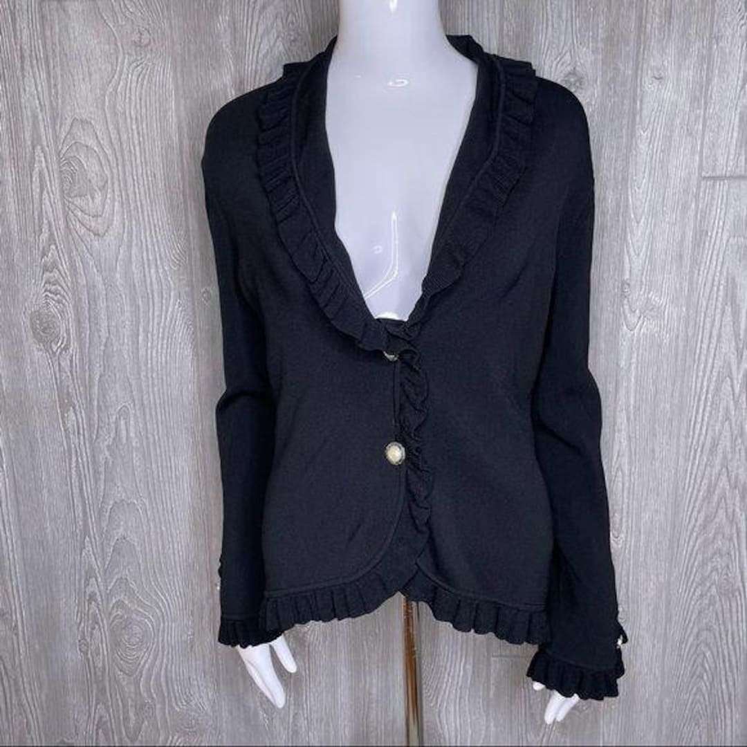 Vintage Vertigo Paris Ruffle Button Front Cardigan Sweater Black Button ...
