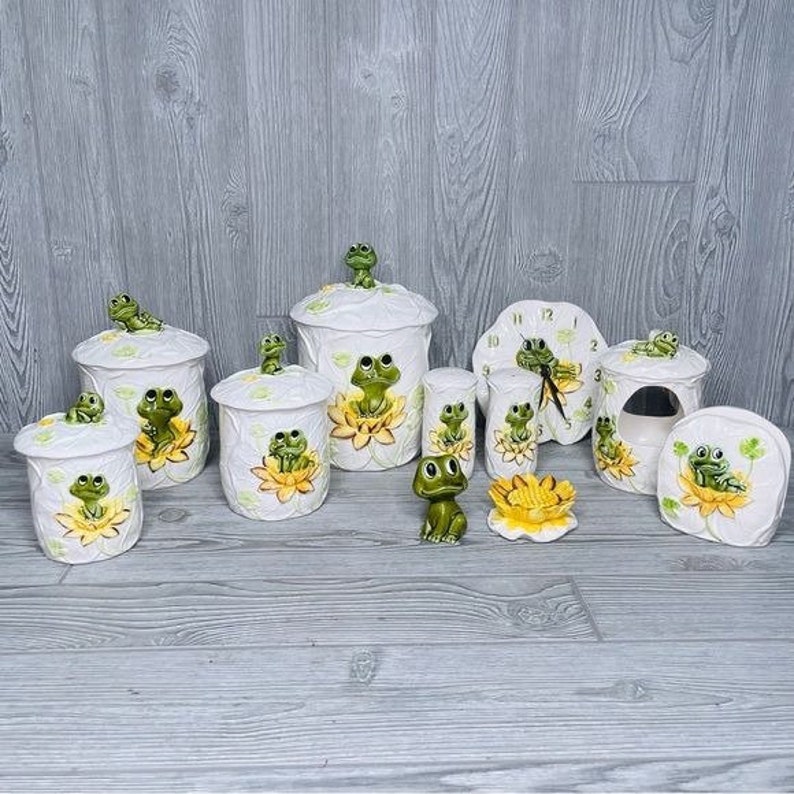 Vintage 1970s Neil the Frog Canisters , Salt & Pepper , Clock and Bird ...