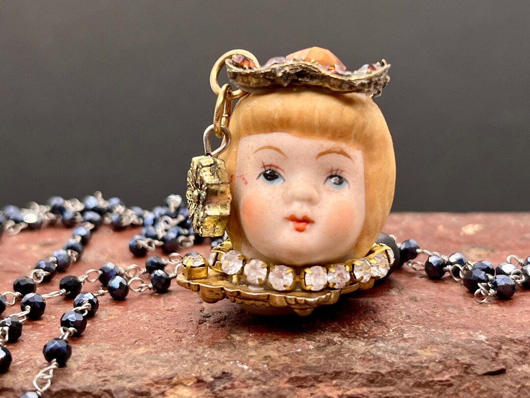 Up-cycled Bisque Doll Head Pendant Necklace, Bejeweled Clay Doll Head ...