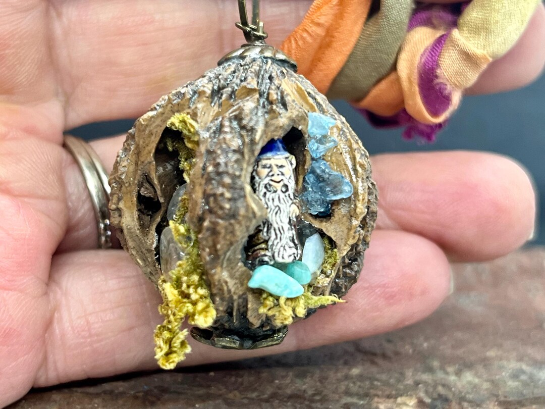 Miniature Gnome Fairy House, Hanging Gnome With Real Walnut Diorama ...