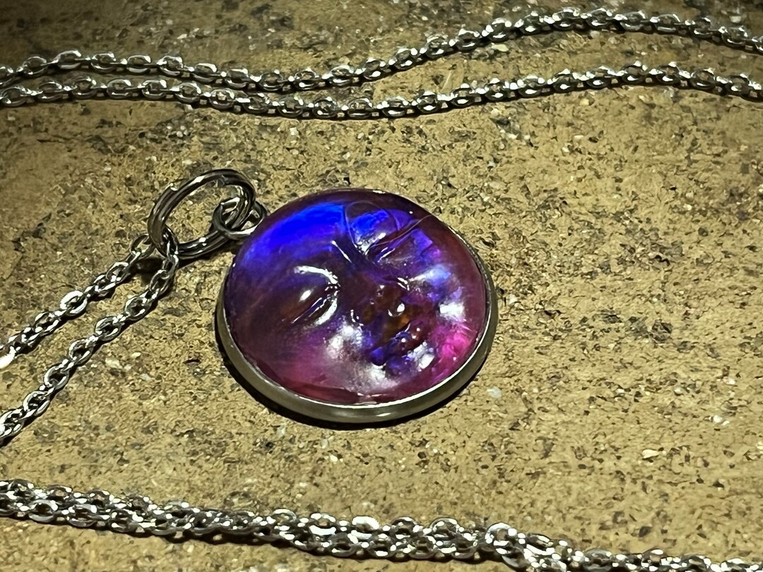 Two Tone Resting Moon Face Meditation Necklace, Blue & Pink Moon Face ...