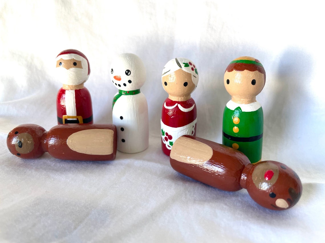 Handprinted Wooden Peg Doll Holiday Set: Christmas Decor - Etsy