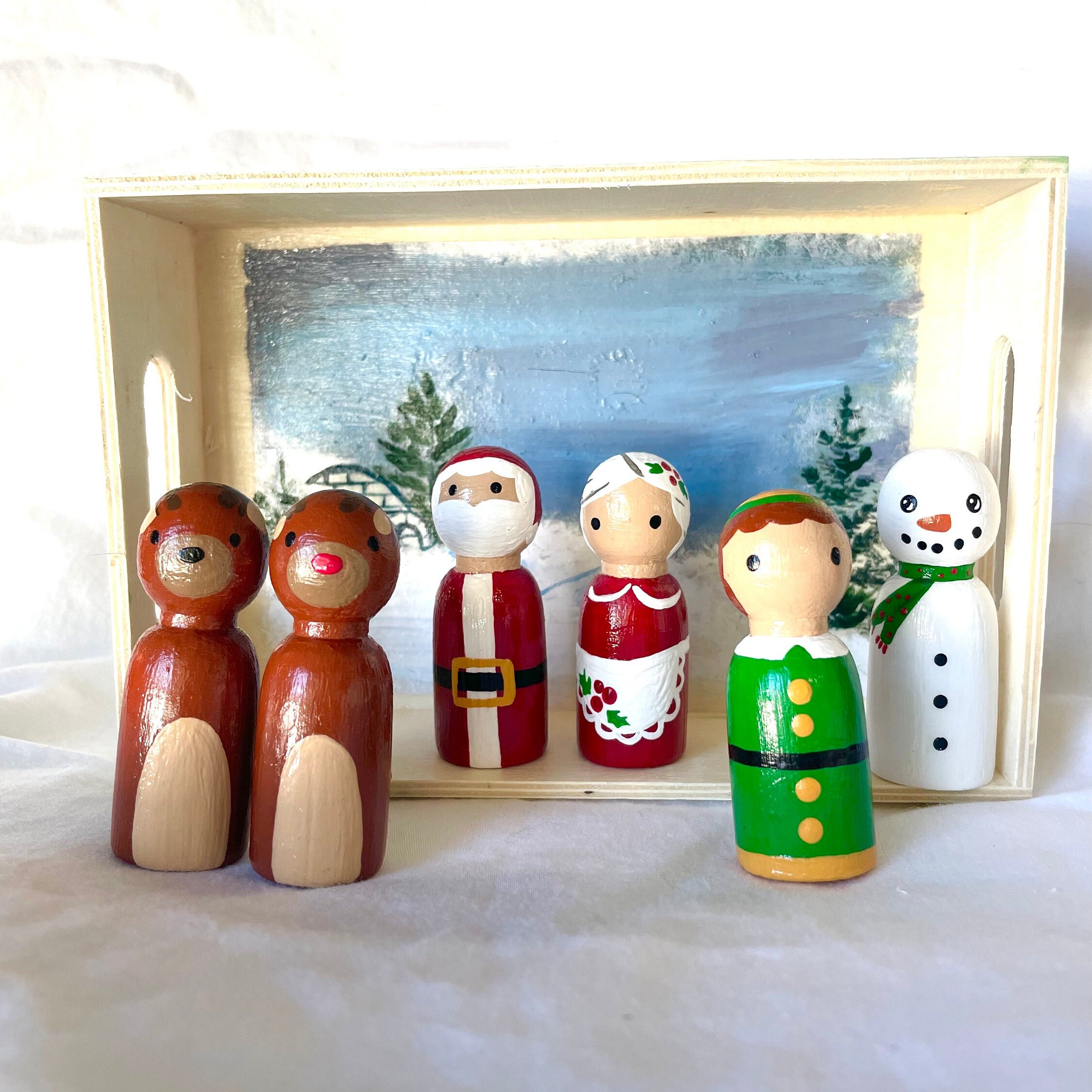 Handprinted Wooden Peg Doll Holiday Set: Christmas Decor - Etsy