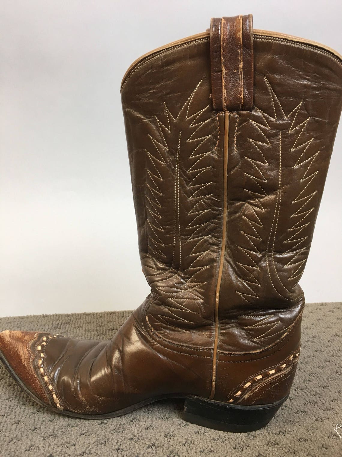 Vintage Tony Lama Boots//brown Leather and Snakeskin Cowboy - Etsy