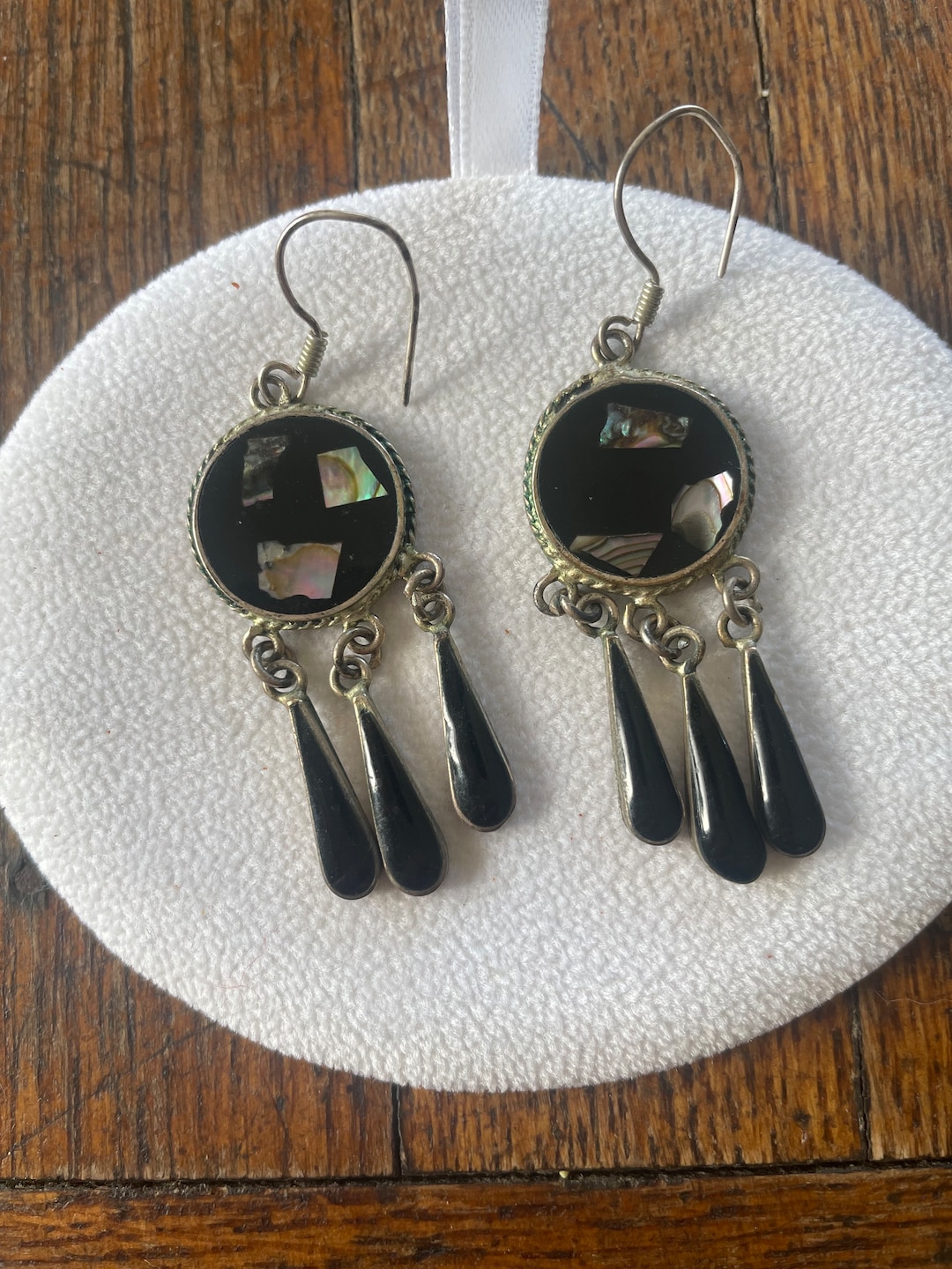 Vintage Mexico Onyx and Mother of Pearl Black Dangle Earrings ...
