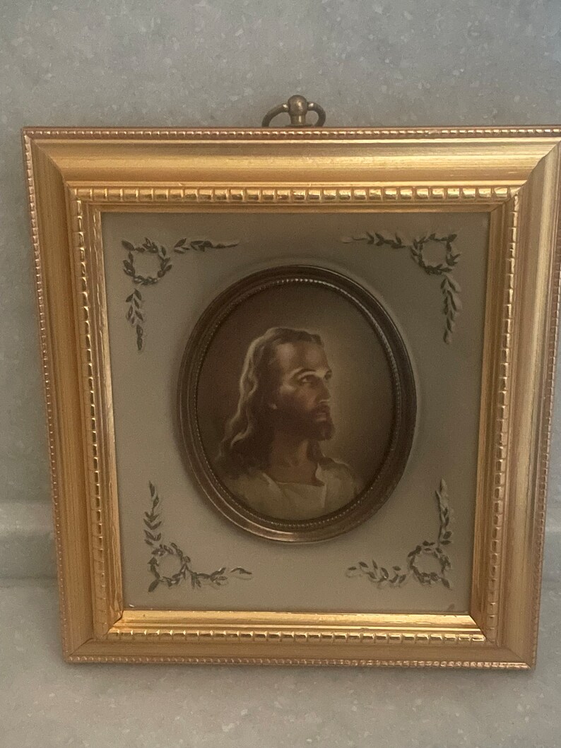 Vintage Gold Metal Shadow Box Framed Litho of Jesus Christ Religious ...