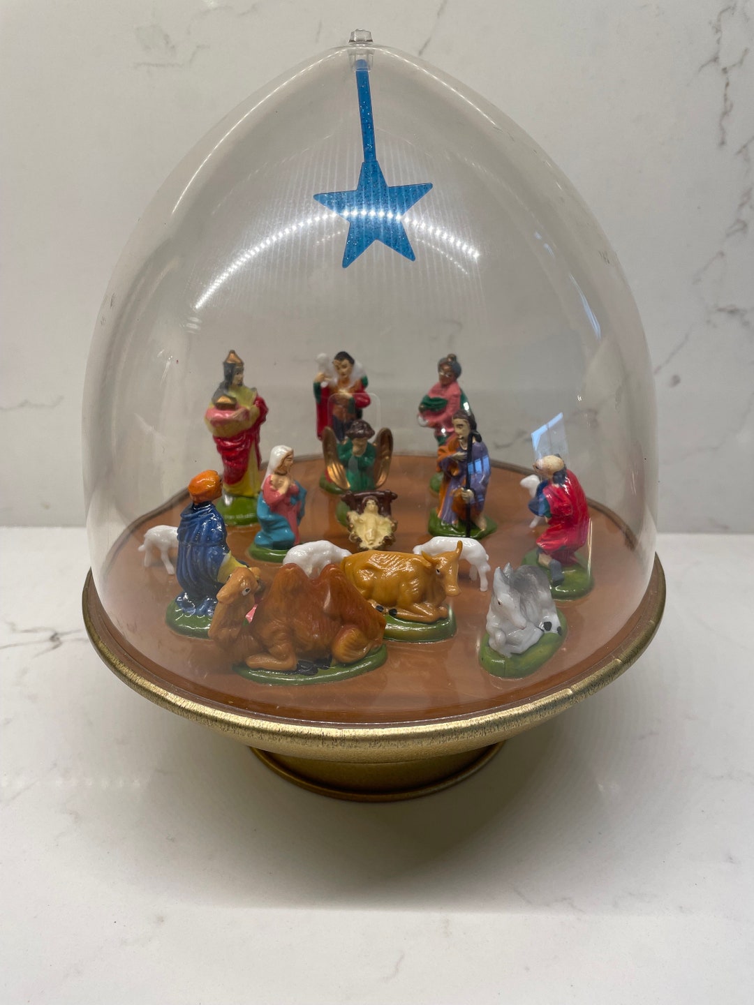 Vintage 60s Nativity Scene in Plastic Dome Wind up Plays Silent Night ...