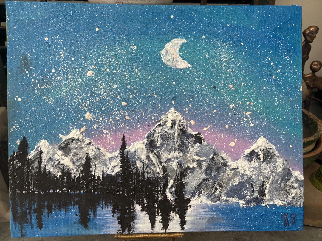 Mountain Nightscape Painting, Tree Shadows, 11x14" Original Art - Etsy