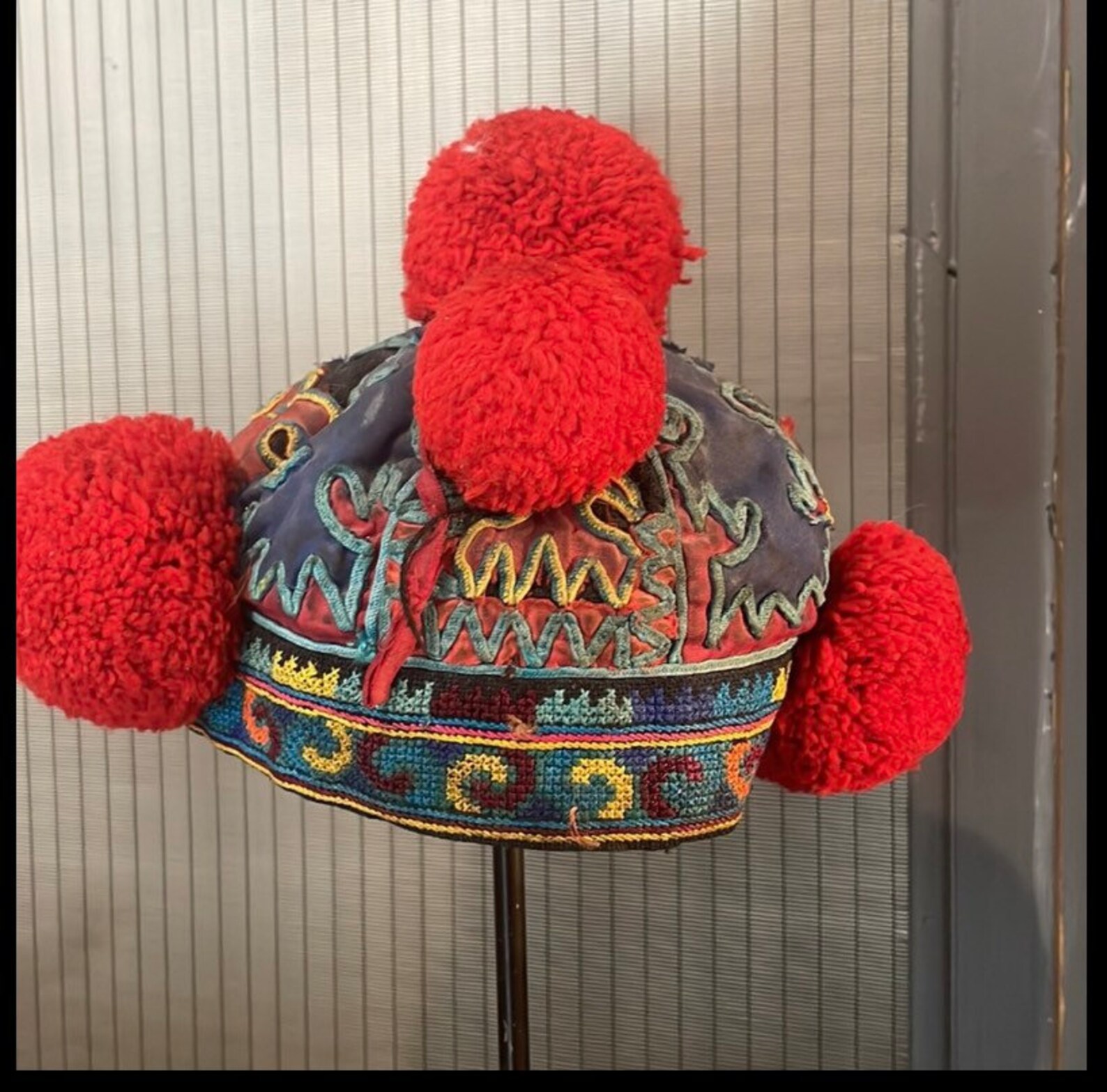 C.1930s Yao (mien) Tribe Child’s Hat Embroidered Pompoms Textile Art ...