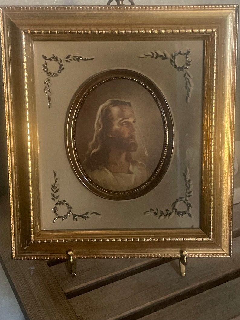 Vintage Gold Metal Shadow Box Framed Litho of Jesus Christ Religious ...