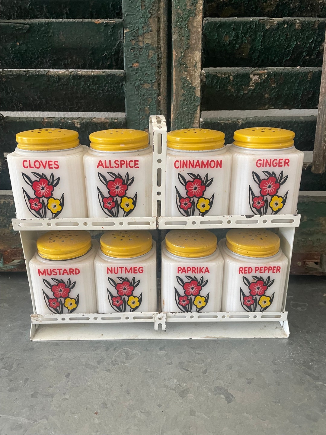 Vintage Tipp USA Flower Spice Set Yellow Lids and Metal Rack 8 Piece Milk Glass - Etsy