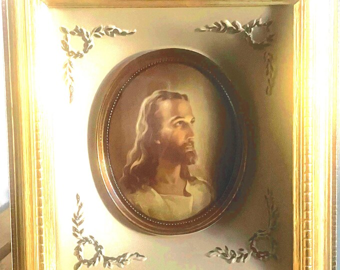 Vintage Gold Metal Shadow Box Framed Litho of Jesus Christ - Religious ...