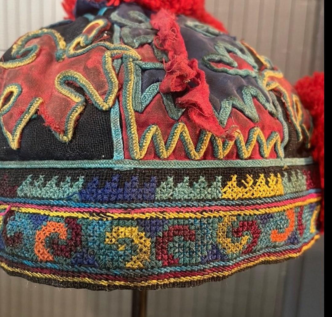 C.1930s Yao (mien) Tribe Child’s Hat Embroidered Pompoms Textile Art ...