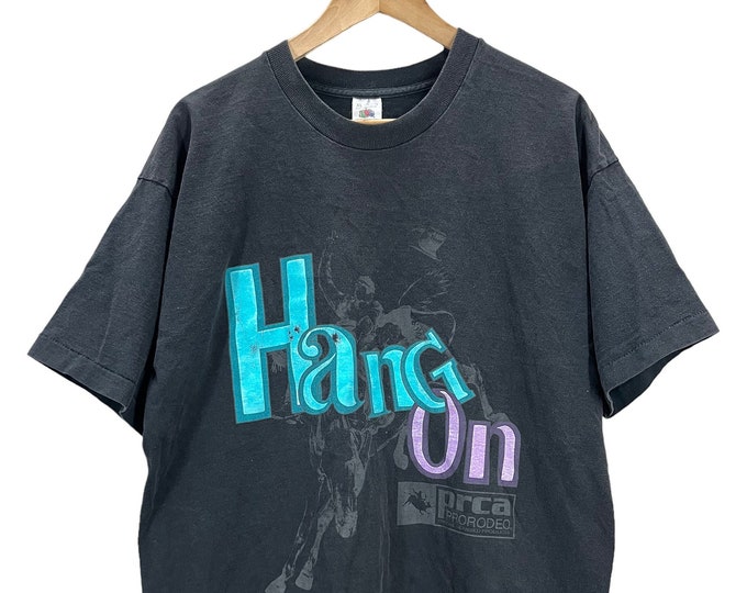 Vintage 90's PRCA Rodeo Bull Riding Hang on Faded Black Distressed T ...