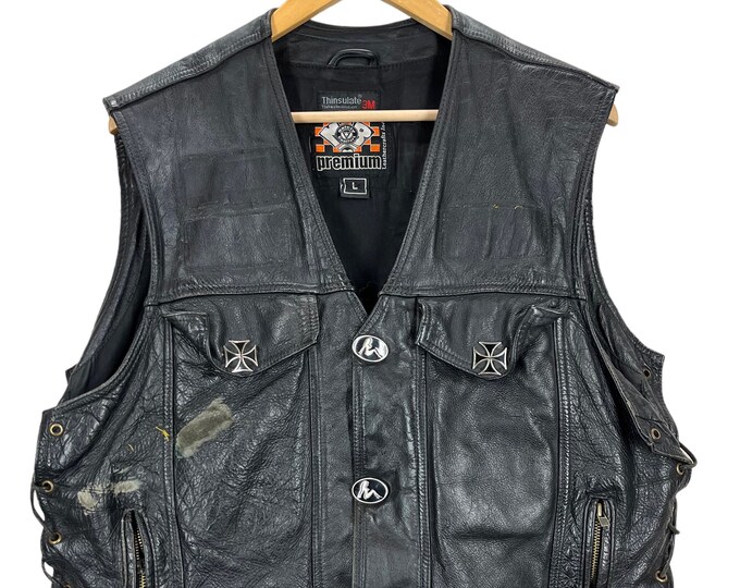 Vintage Black Leather Motorcycle Club MC Vest Jacket Large Distressed ...